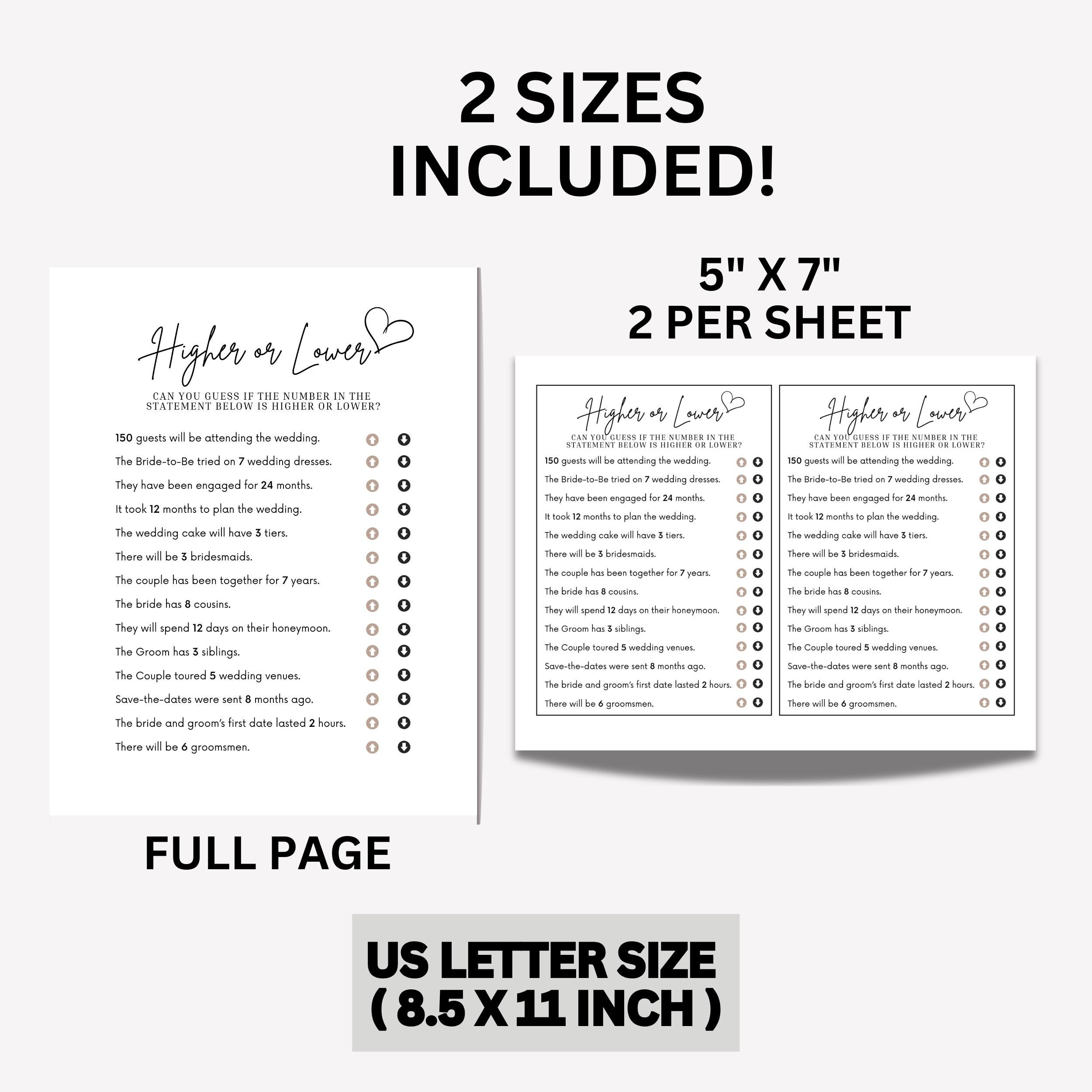 Higher or Lower Wedding Shower Game, Bridal Shower Higher or Lower Game ...
