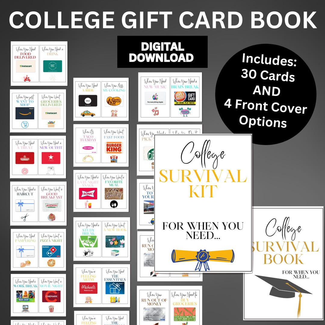 College Survival Kit Gift Card Book Printable, College Graduation ...