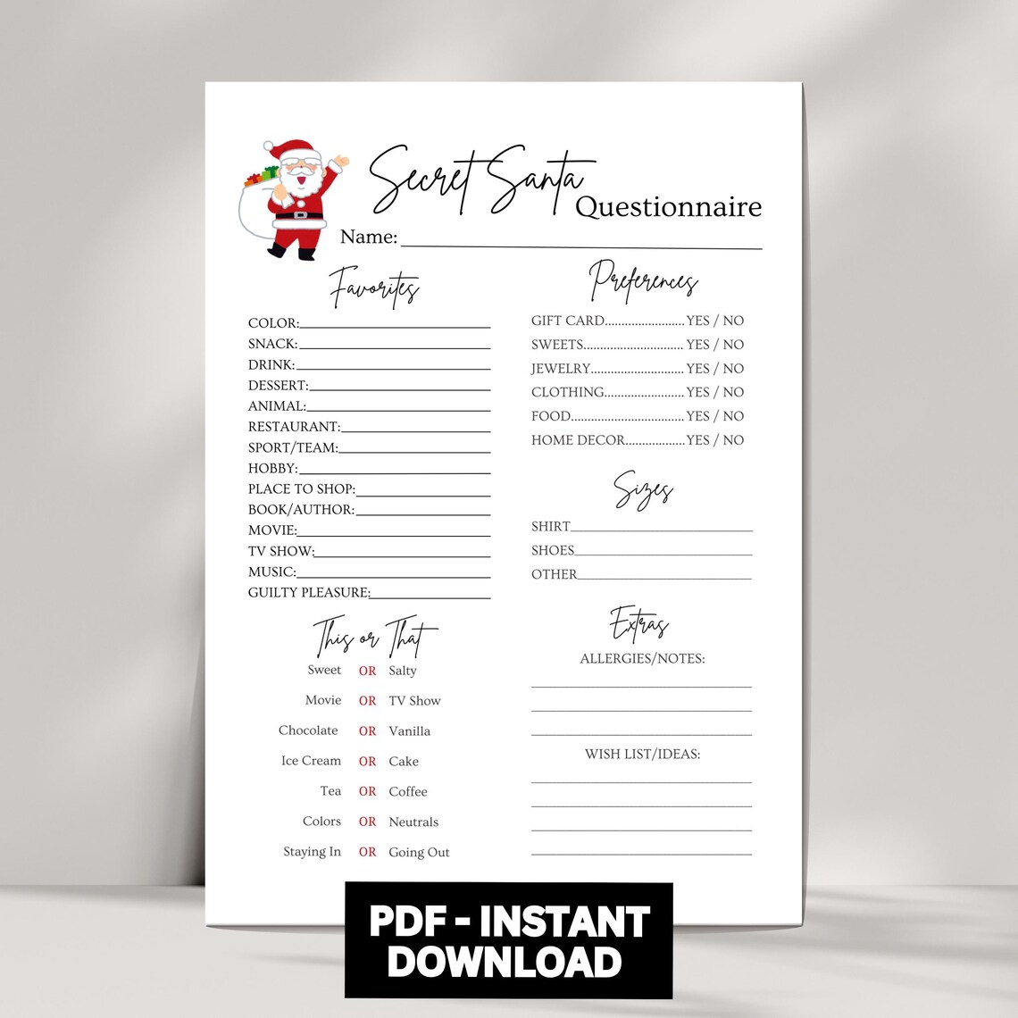 Secret Santa Questionnaire | Gift Exchange Questions Printable | Secret ...