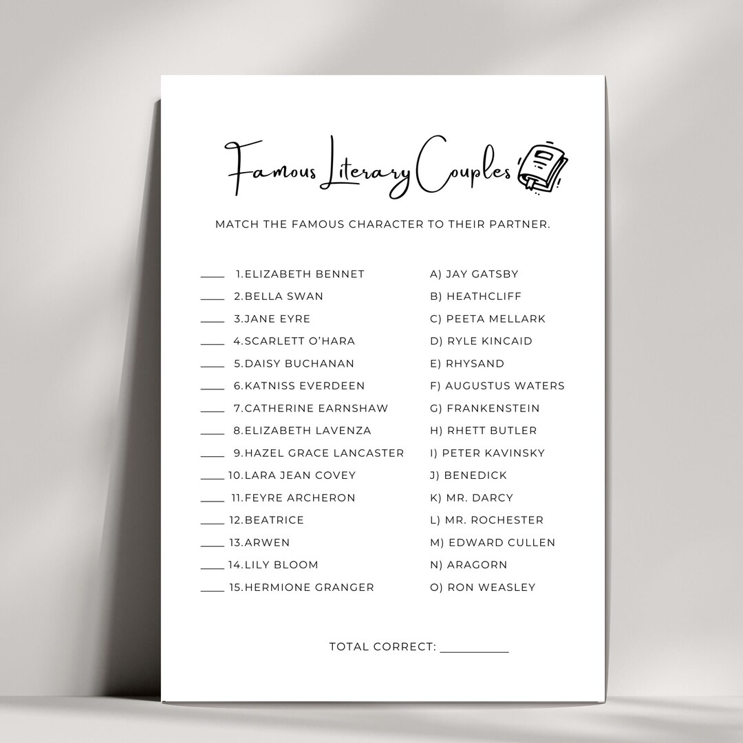 Literary Couples Matching Game, Book Club, Match the Famous Literary ...