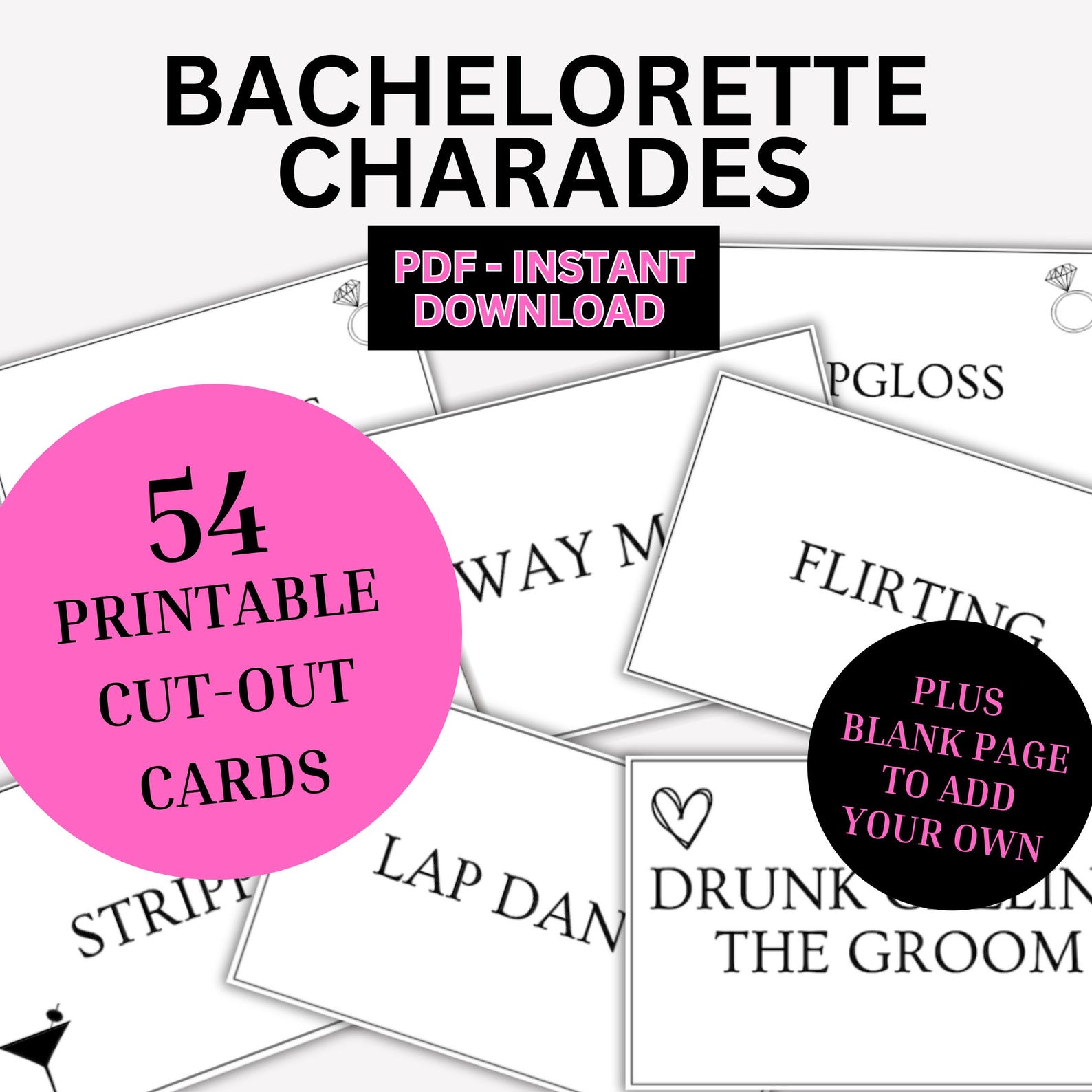 Bachelorette Charades Game Cards | Bachelorette Party Charades ...