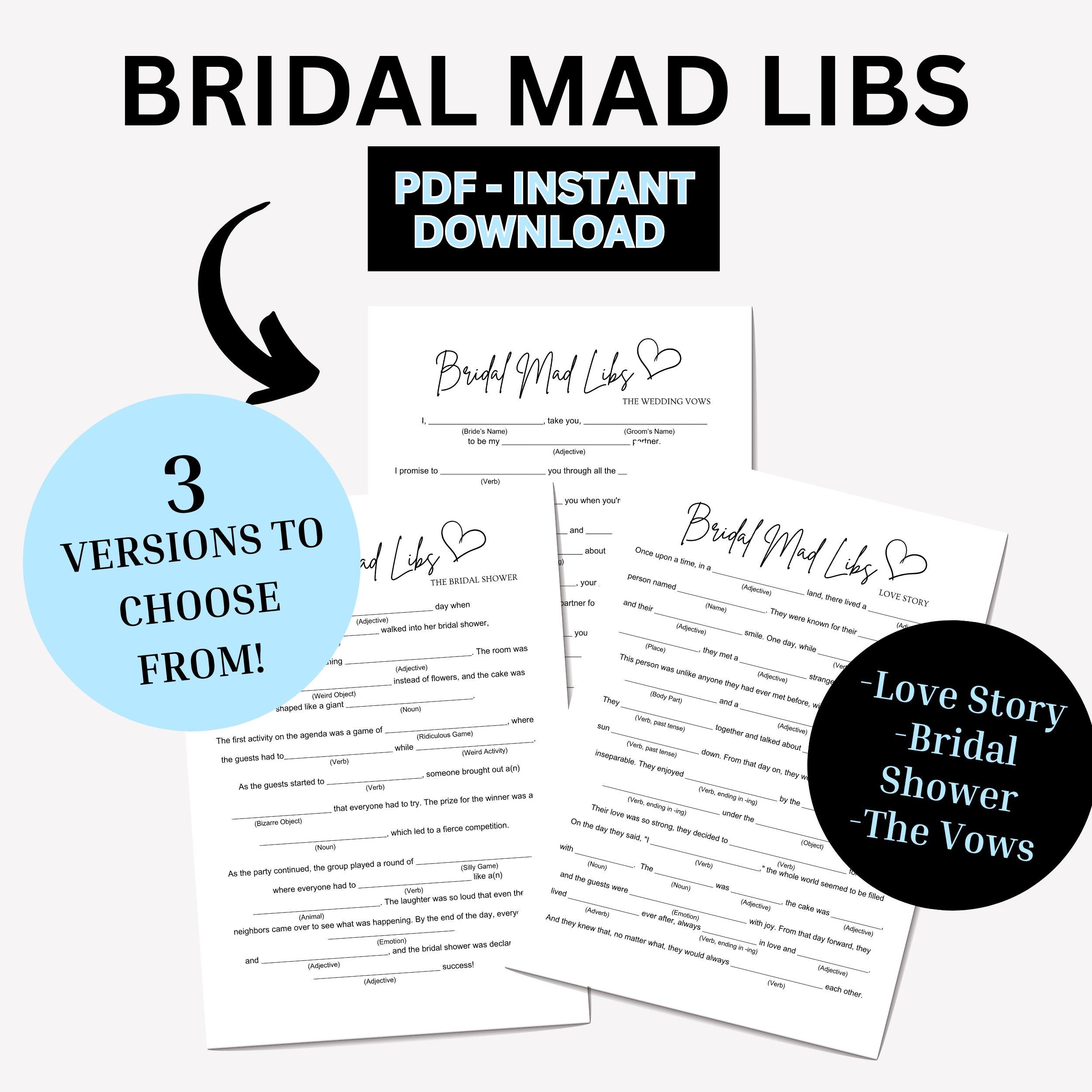 Bridal Shower Mad Libs Printable Game | Bridal Mad Libs Bridal Shower ...