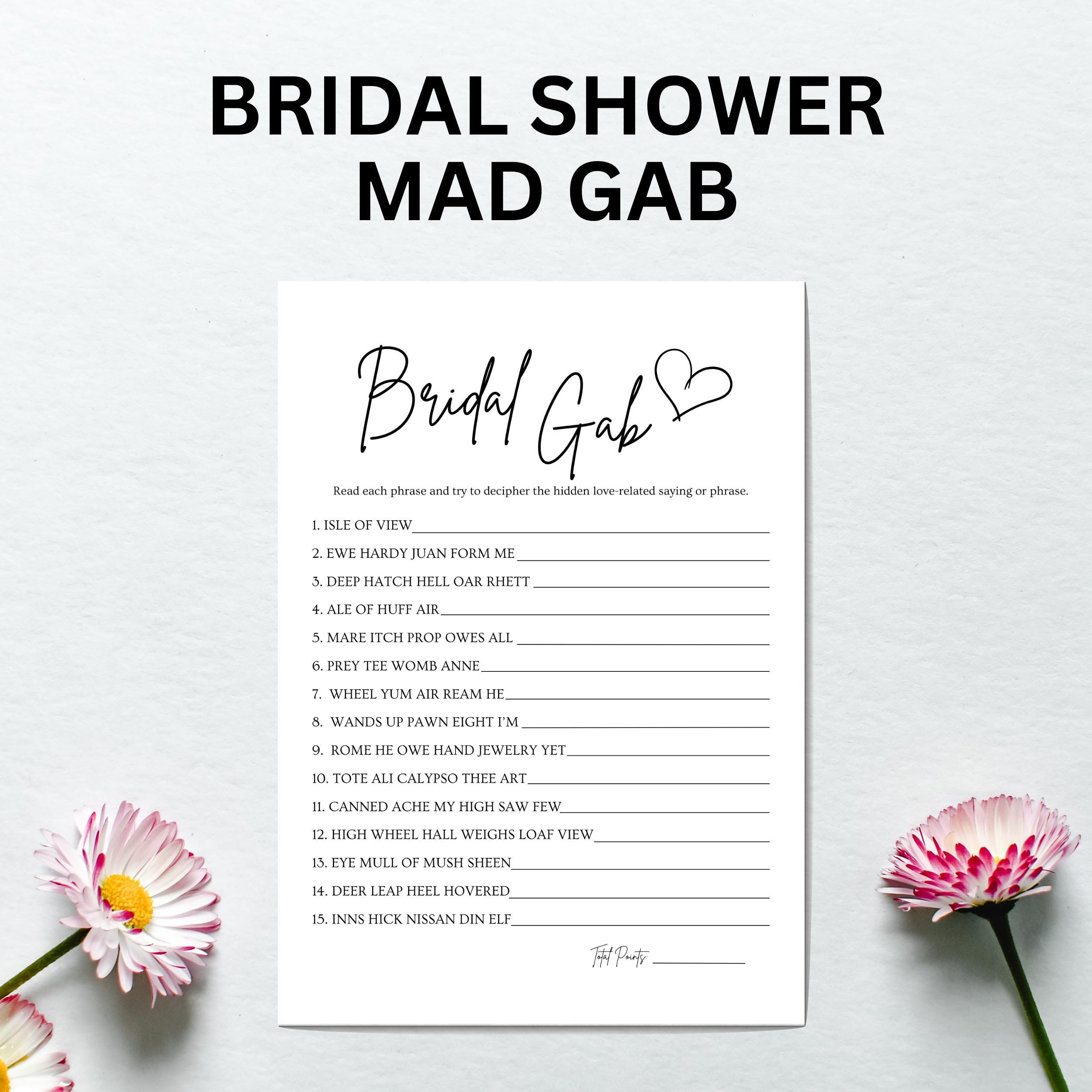 Bridal Shower Mad Gab Printable Game | Bridal Shower Mad Libs Unique ...