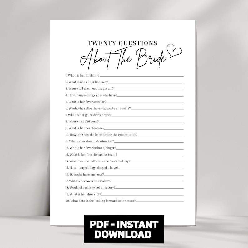 20 Questions Bridal Shower Game, Twenty Questions About the Bride ...