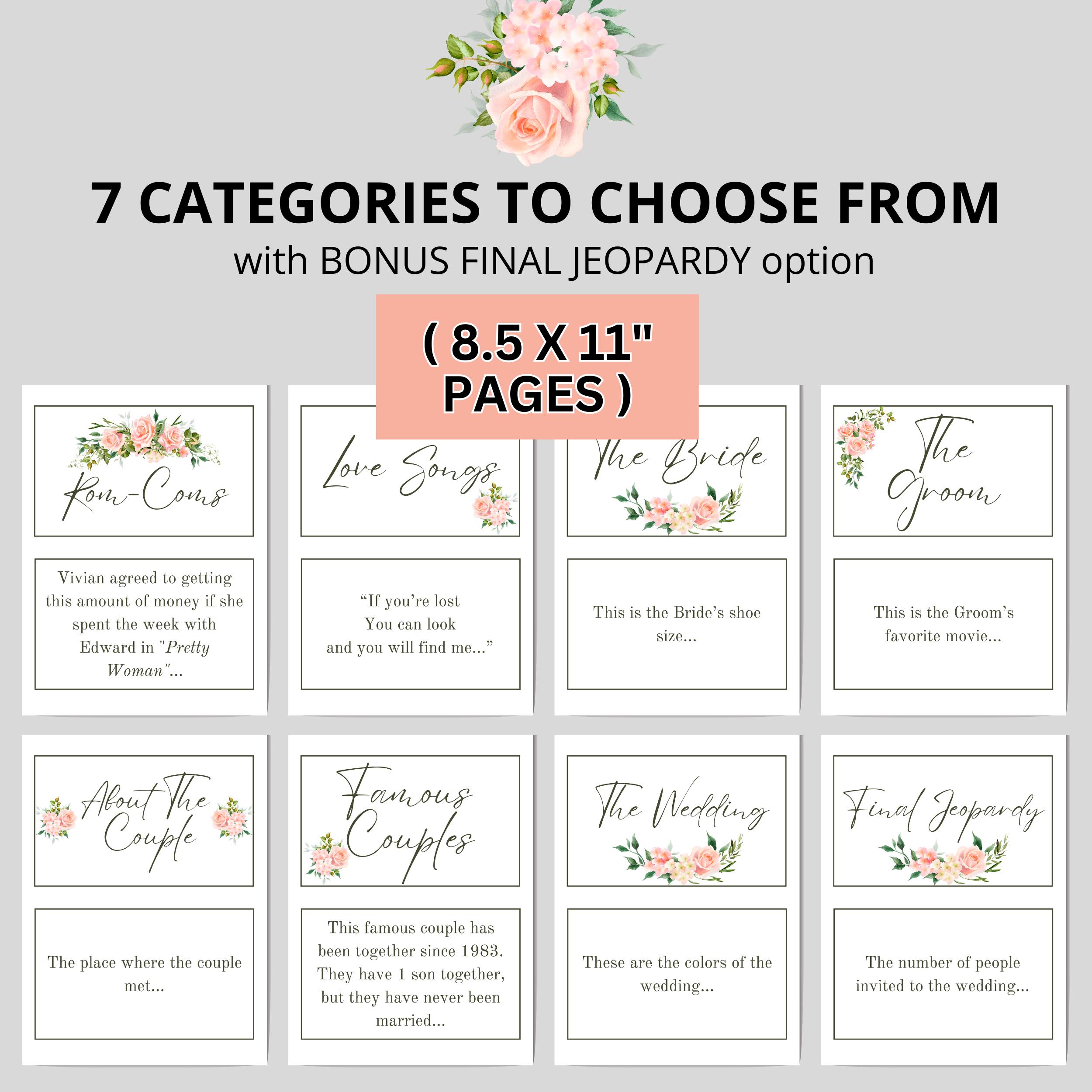 Bridal Shower Jeopardy Printable Game Bachelorette Jeopardy Game Cards ...