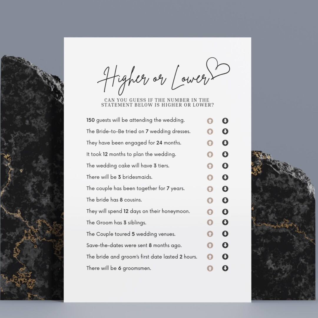 Higher or Lower Wedding Shower Game, Bridal Shower Higher or Lower Game ...