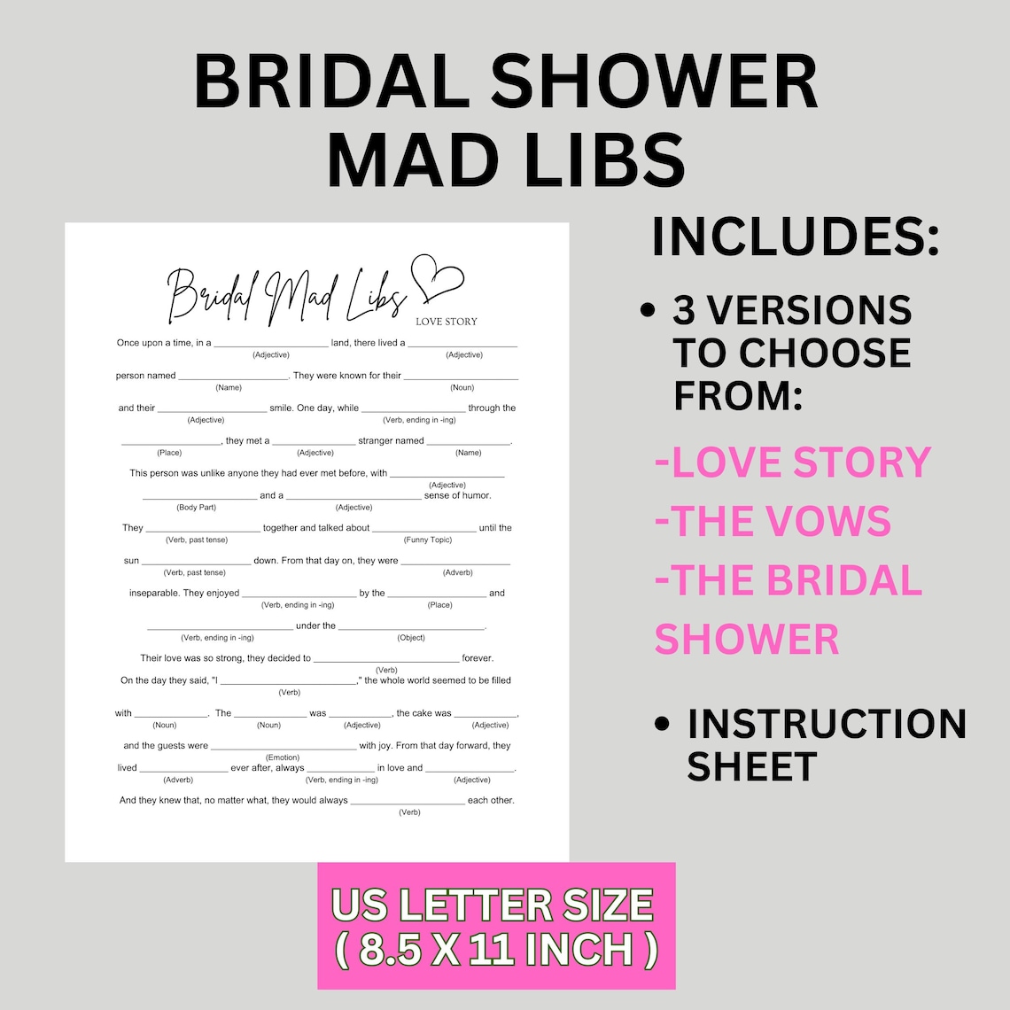 Bridal Shower Mad Libs Printable Game | Bridal Mad Libs Bridal Shower ...