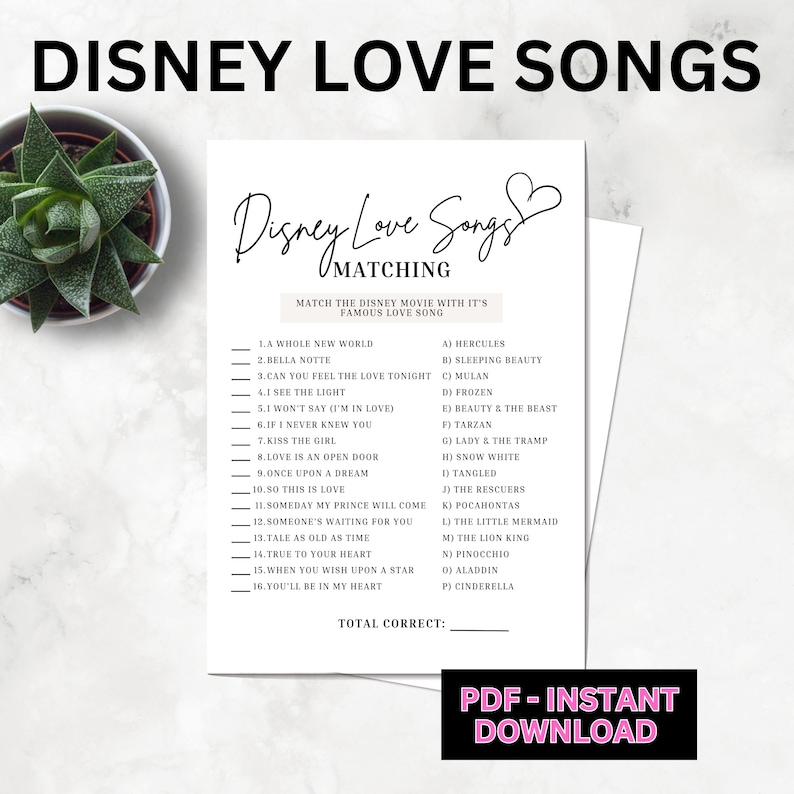 Match the Love Songs Bridal Shower Game Printable | Match the Movie ...