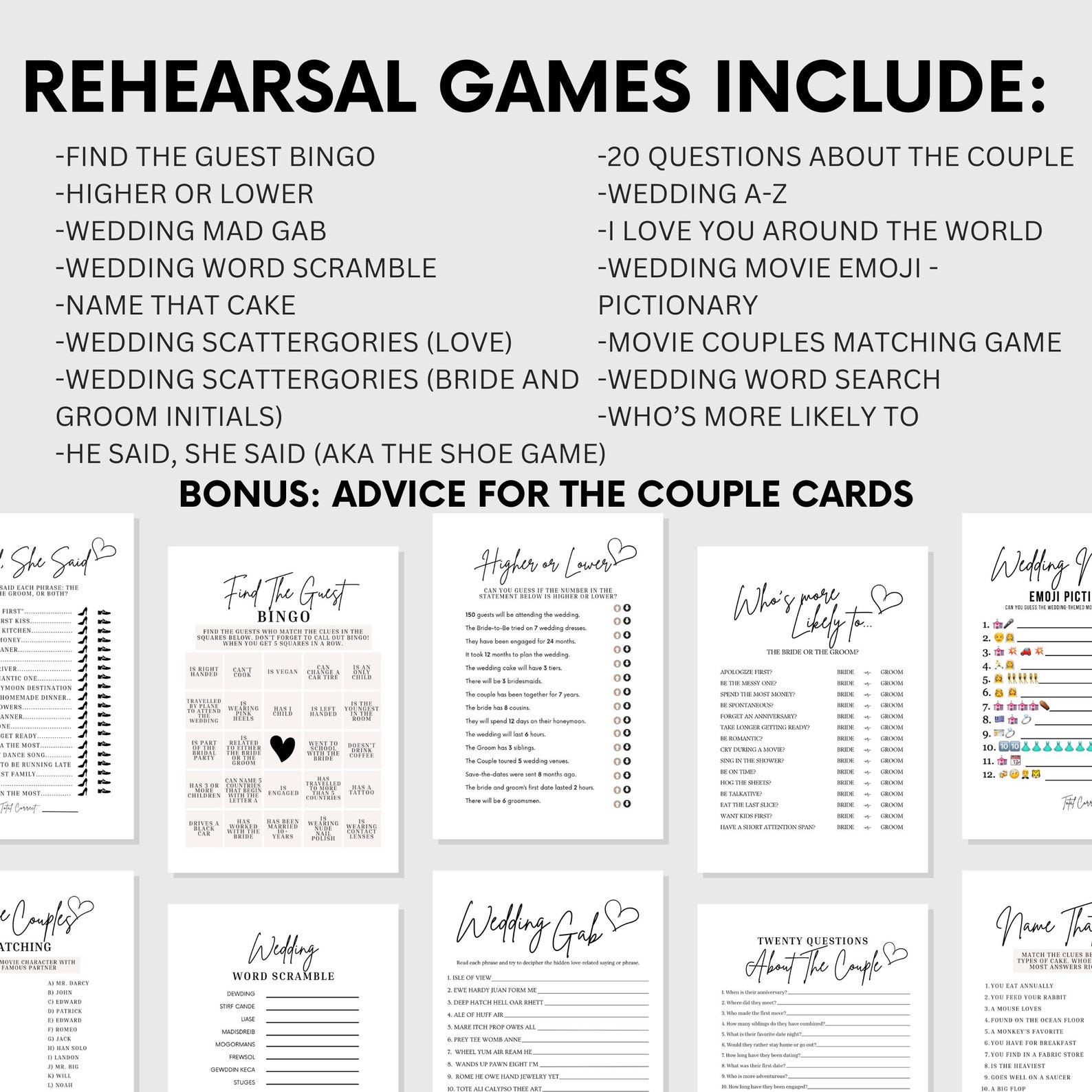 Wedding Rehearsal Dinner Games Bundle for Adults & Teens, About the ...