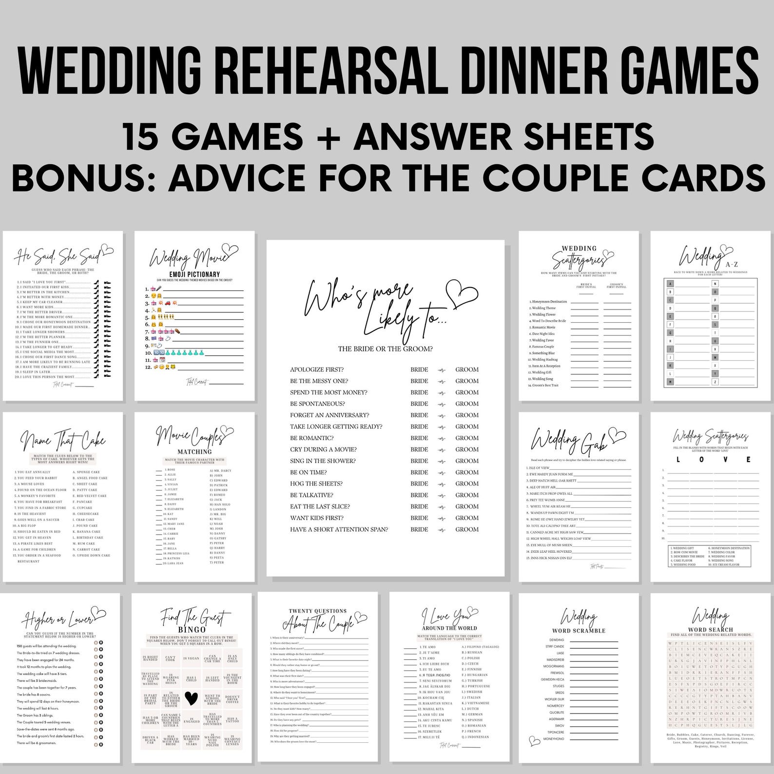 Wedding Rehearsal Dinner Games Bundle for Adults & Teens, About the ...