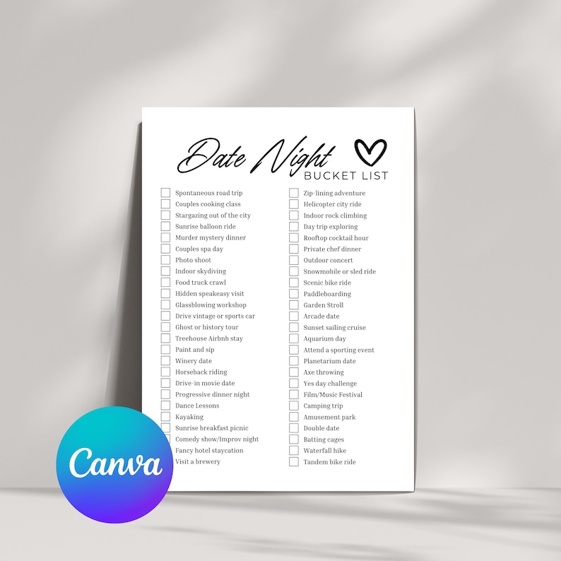 Printable Couples Bucket List Date Night Ideas Checklist Editable, Date ...