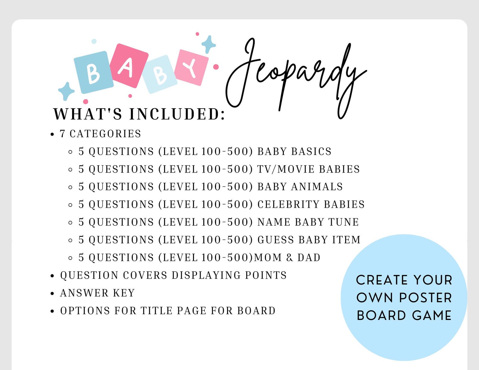 Baby Shower Jeopardy Game for Boy or Girl, Baby Jeopardy Printable ...