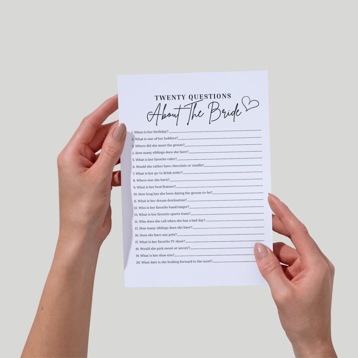 20 Questions Bridal Shower Game, Twenty Questions About the Bride ...
