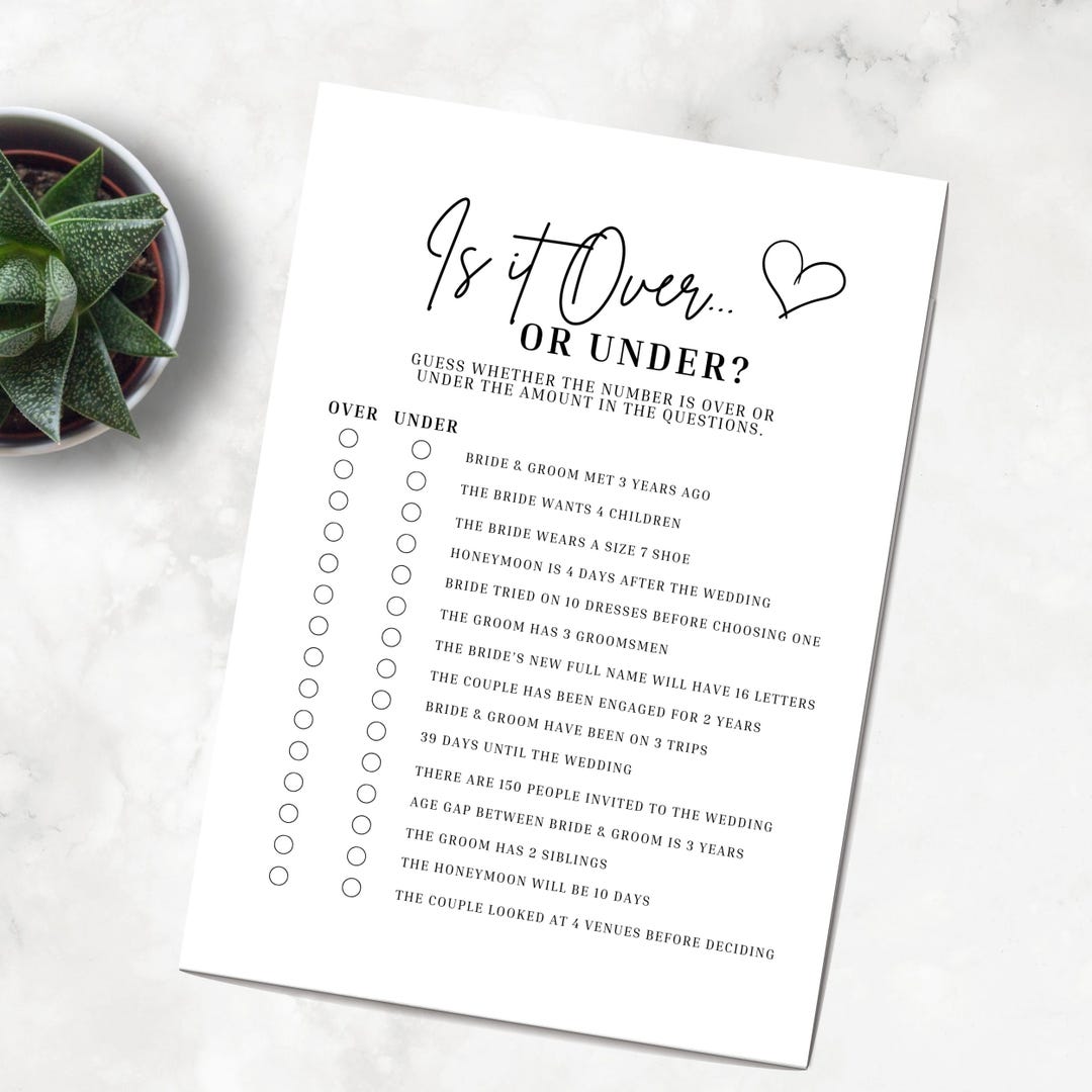Over or Under Bridal Shower Game, Couples Wedding Shower Games, Higher ...