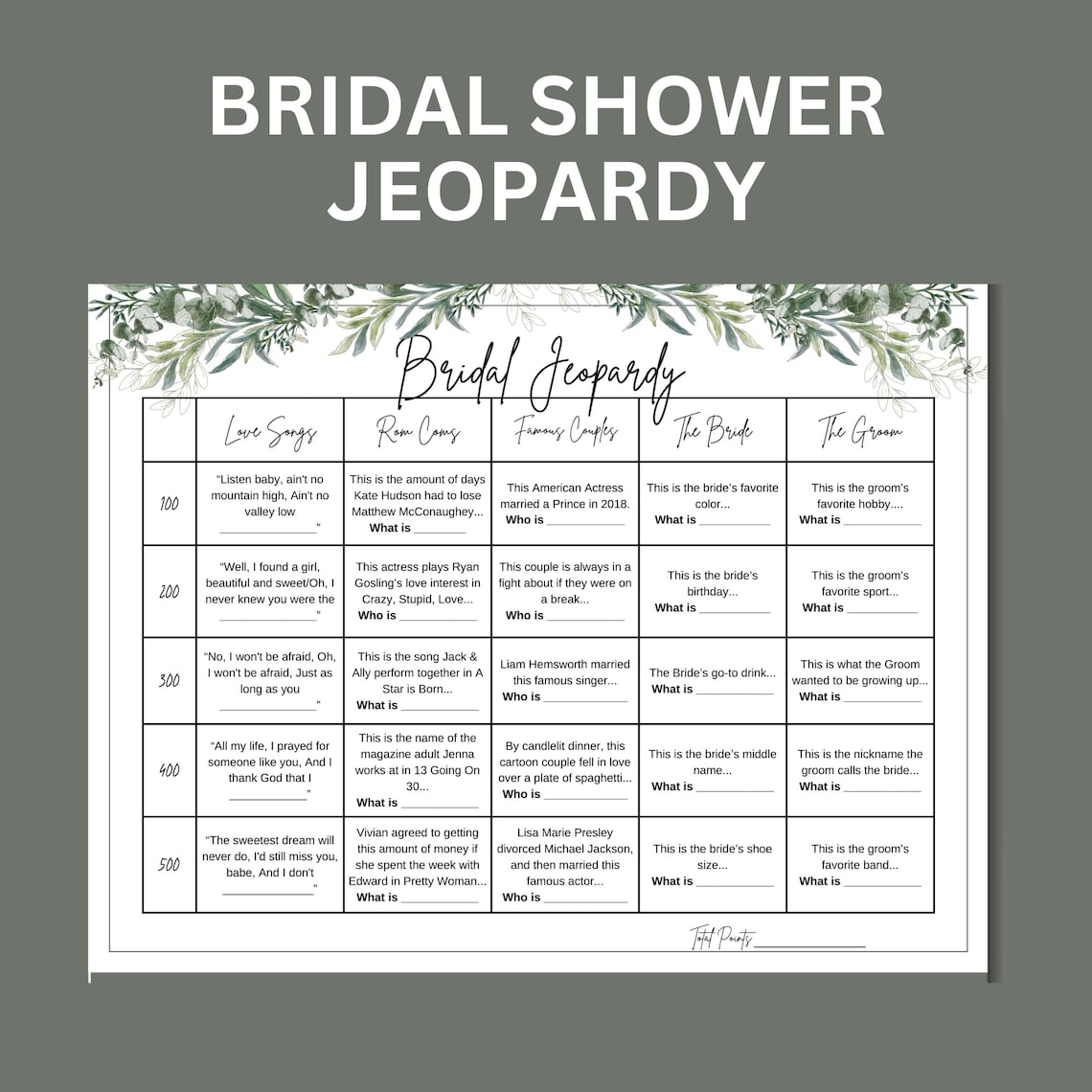 Bridal Jeopardy Printable Bridal Shower Game | Bachelorette Jeopardy ...