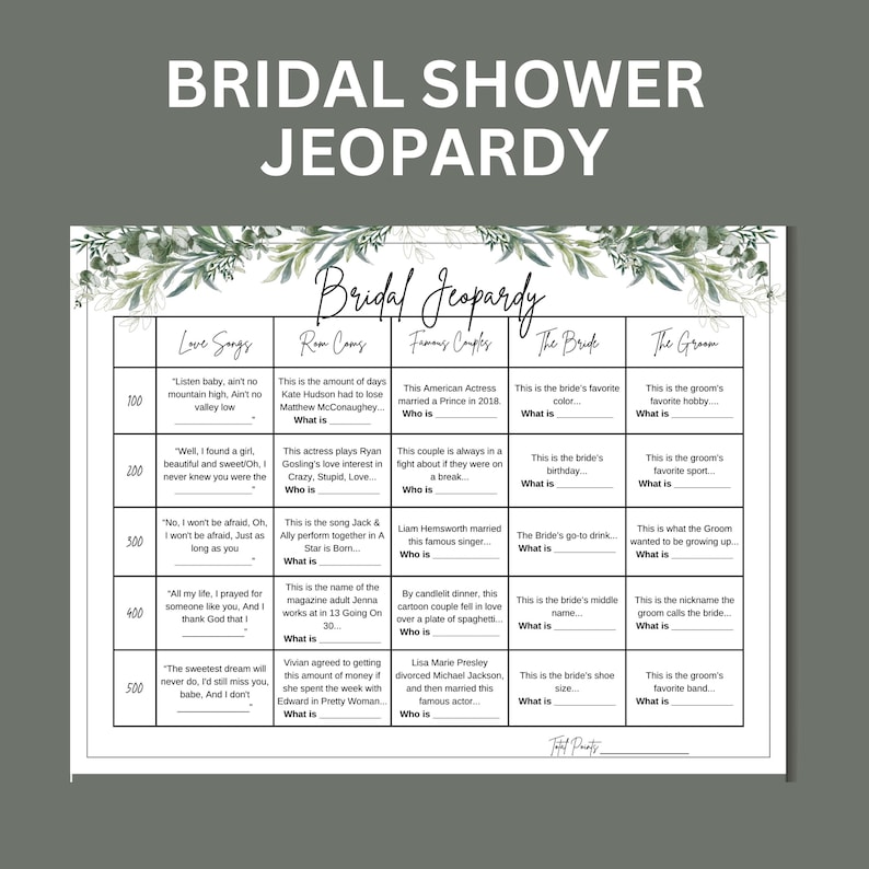 Bridal Jeopardy Printable Bridal Shower Game | Bachelorette Jeopardy ...