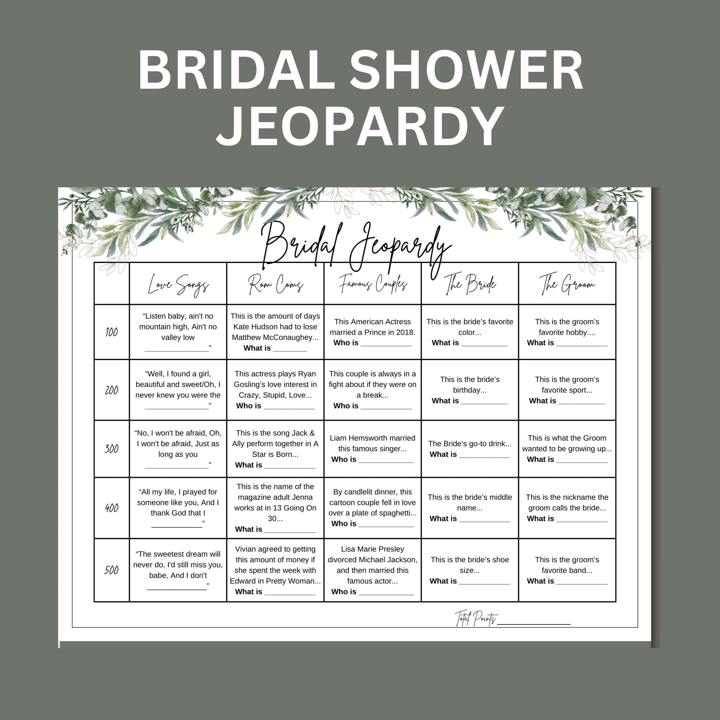 Bridal Jeopardy Printable Bridal Shower Game | Bachelorette Jeopardy ...