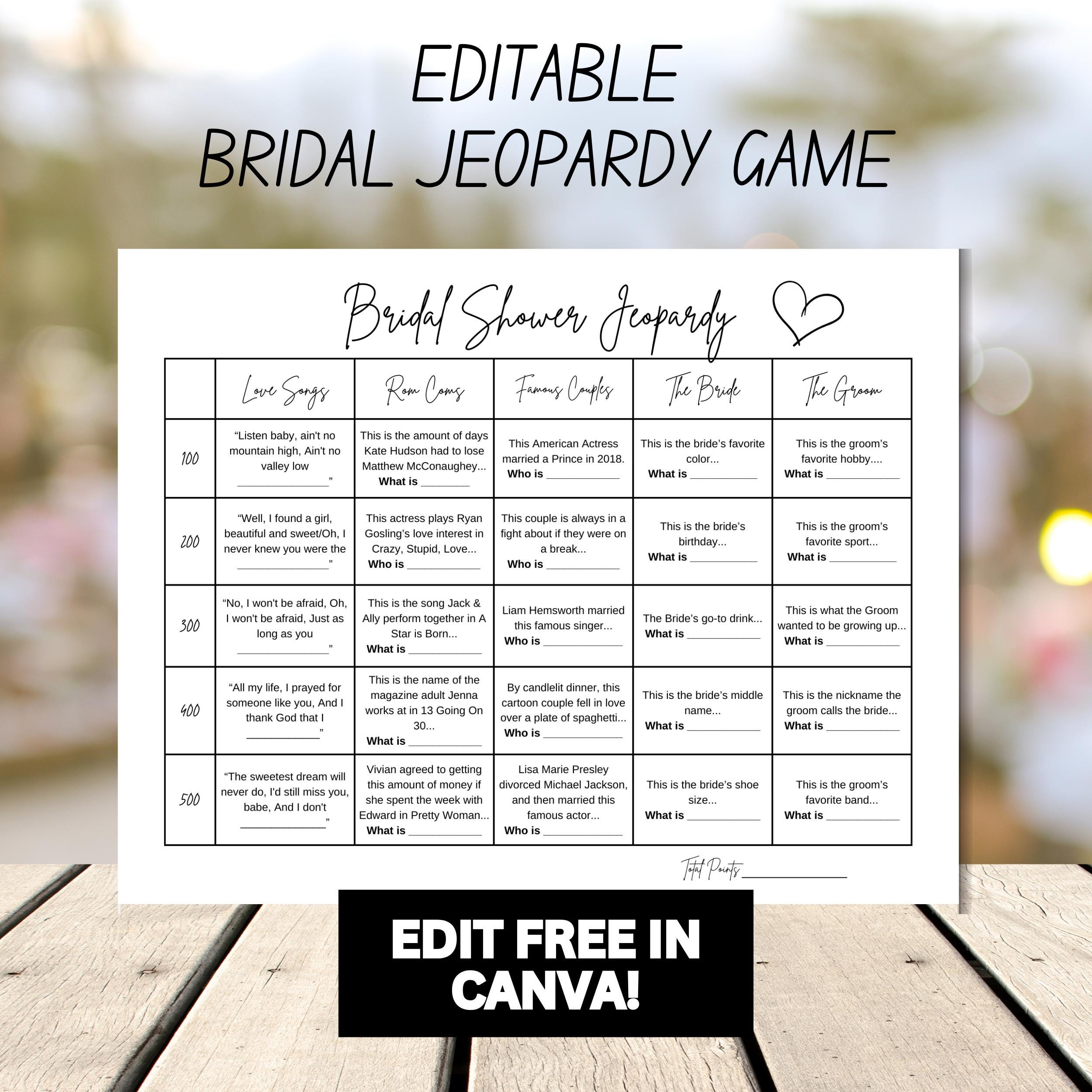 Bridal Jeopardy Editable Template Printable Game, Bridal Shower ...