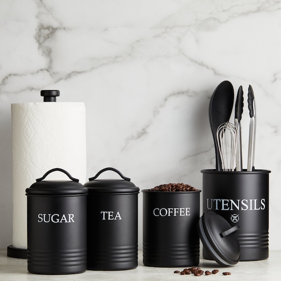 Steelware Central Kitchen Canister Set of 3 Sugar Coffee Tea With Lids Food Storage Black Etsy UK