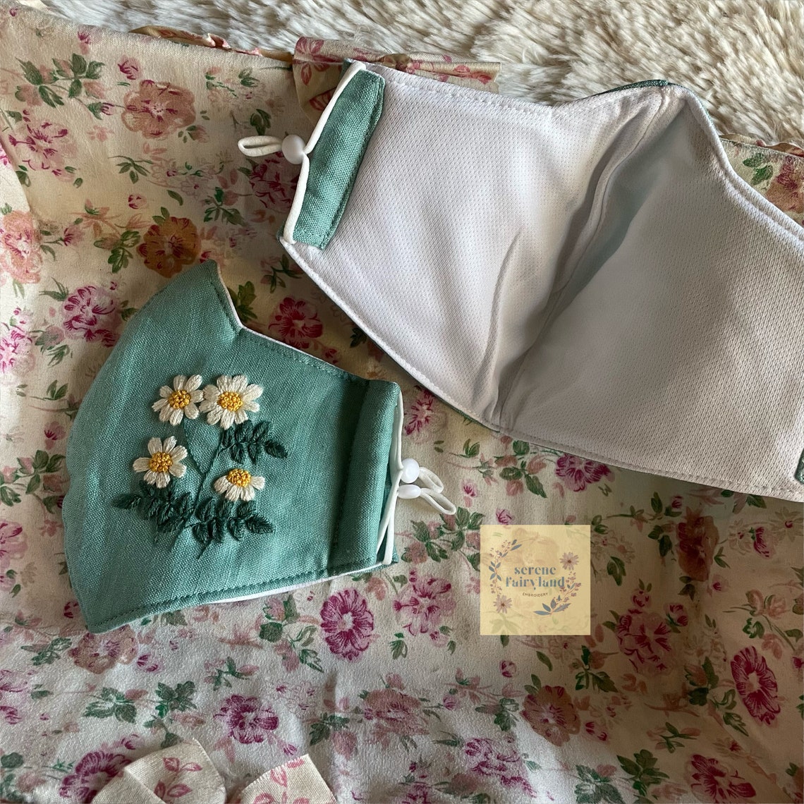 Embroidered Linen Face Mask, Three Layered Washable Mask With ...