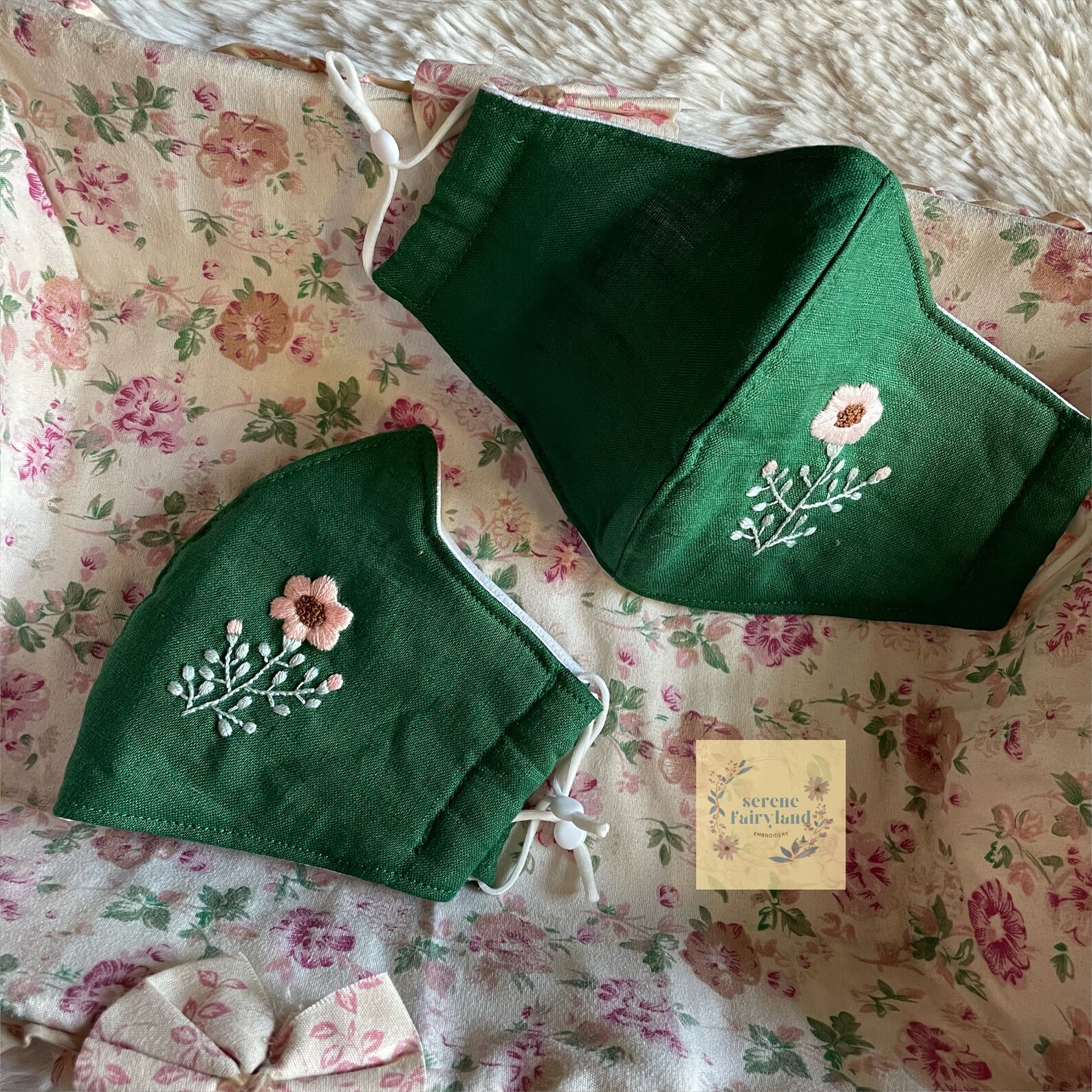 Embroidered Linen Face Mask, Three Layered Washable Mask With ...