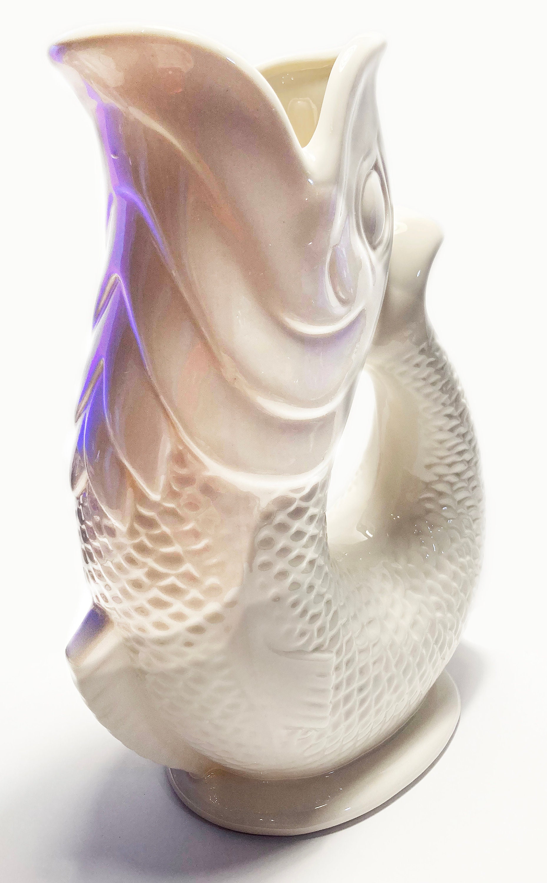 White Porcelain Gurgle Fish Pitcher: Large 50 Oz Water Jug 10.5 Inches ...