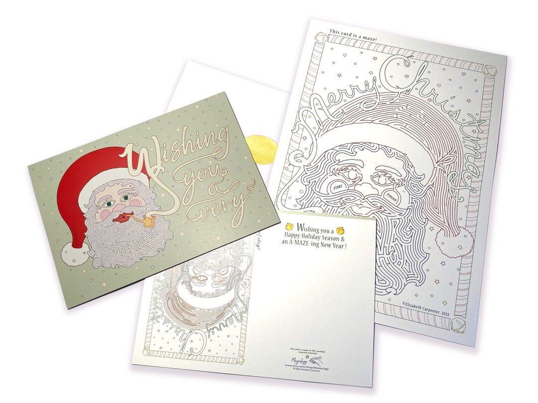 Christmas Card Santa Holiday Maze Puzzle Card Set of 10 Made in USA of ...