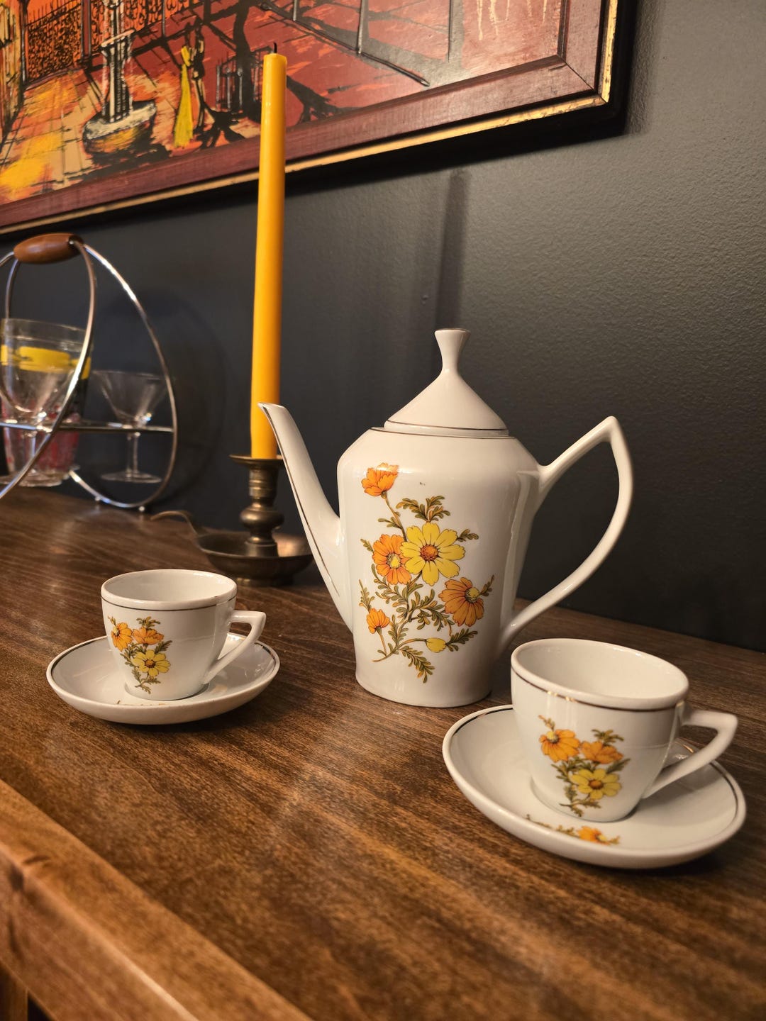 70s Pozzani Tea Set: Floral Porcelain Teapot, Cups & Saucers - Etsy
