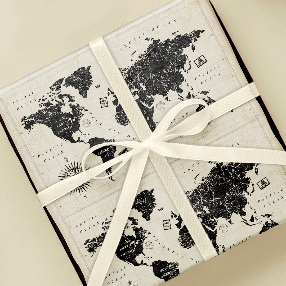 World Traveler Wrapping Paper Roll, Map Gift Wrap, Grunge Map Art ...