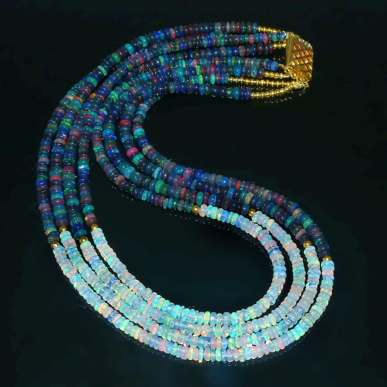 AAA+++ Natural Ethiopian Black Opal Necklace, Multi Fire Opal Smooth ...