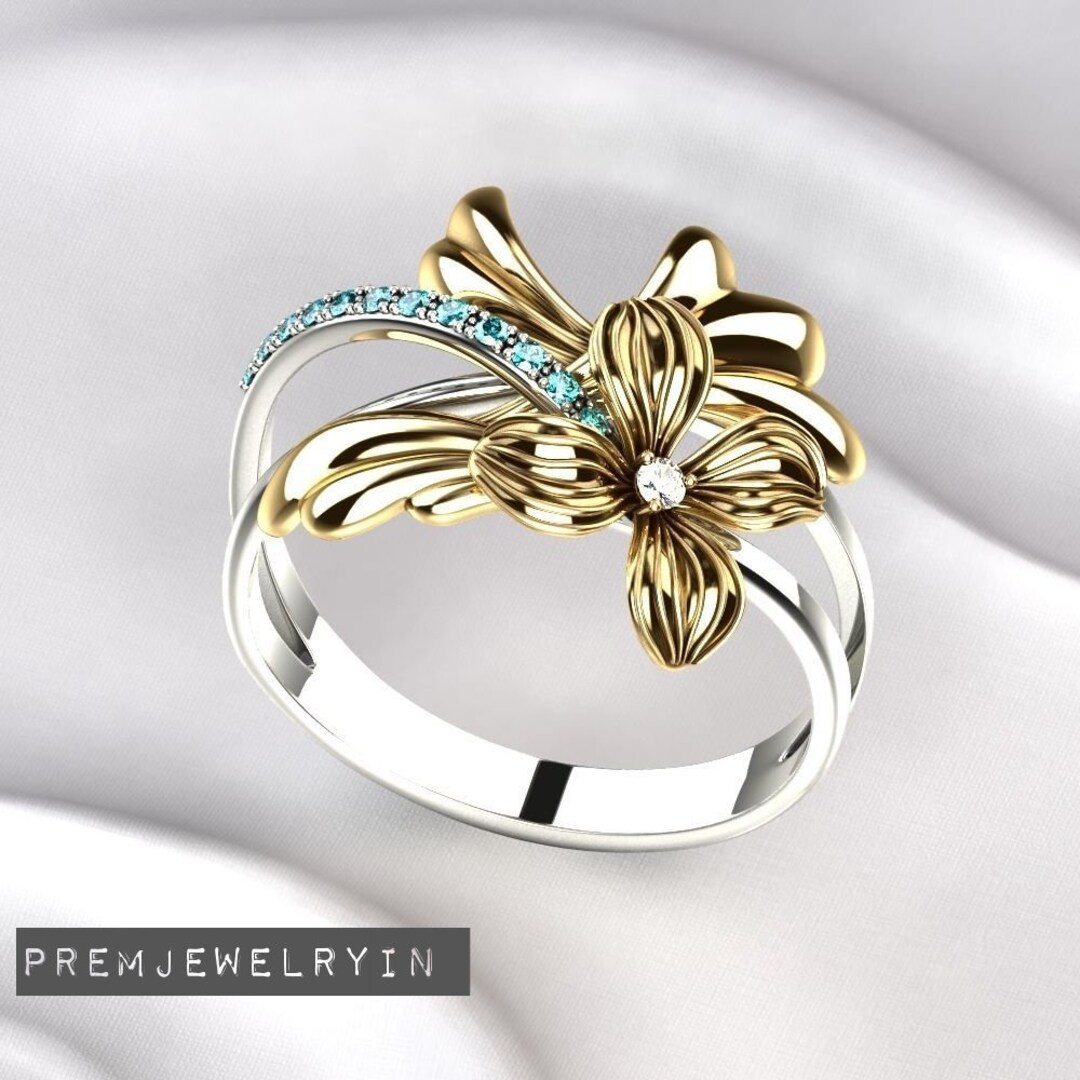 925 Sterling Silver Flower Golden Ring, Flower Diamond Ring, Flower ...