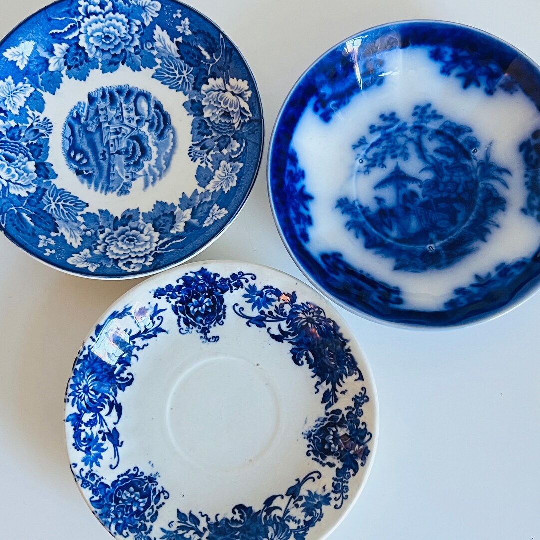 Set of 3 Antique Blue and White Small Plates Saucers Made in England ...