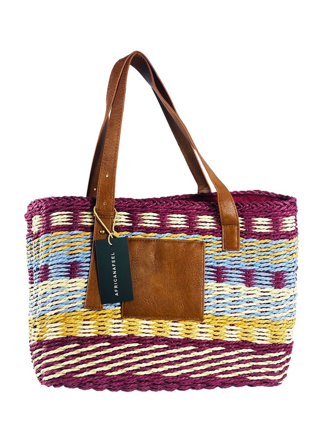 NATURAL RAFFIA BAG, Colorful Tote Bag, Raffia Retro Beach Leather Strap ...
