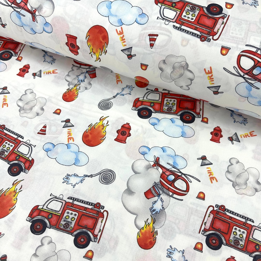 Firefighter Poplin Fabric by the Yard, Firefighter Trucks Cotton Fabric ...