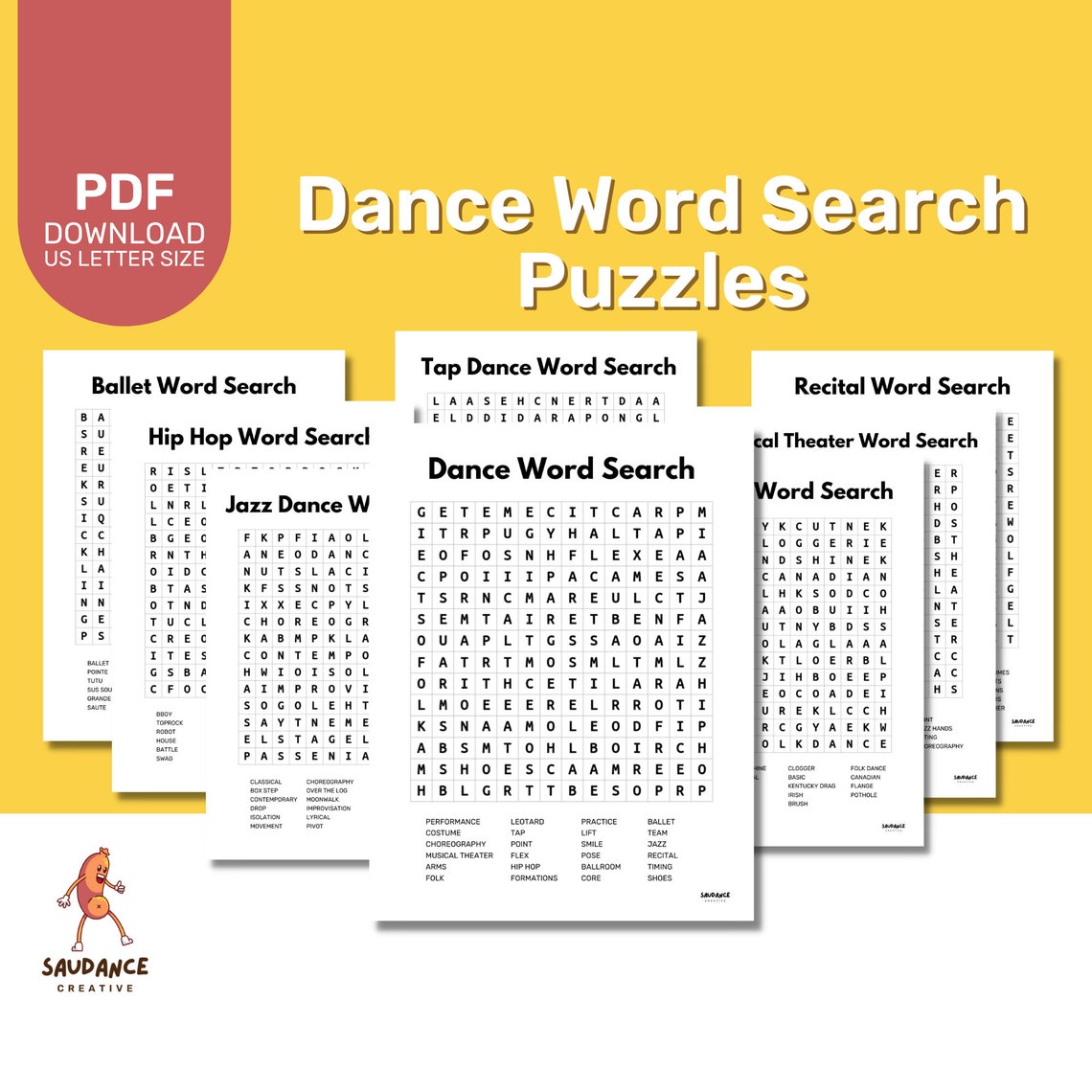 Dance Word Search Puzzle Bundle - Ballet Tap Jazz Hip Hop Clogging ...