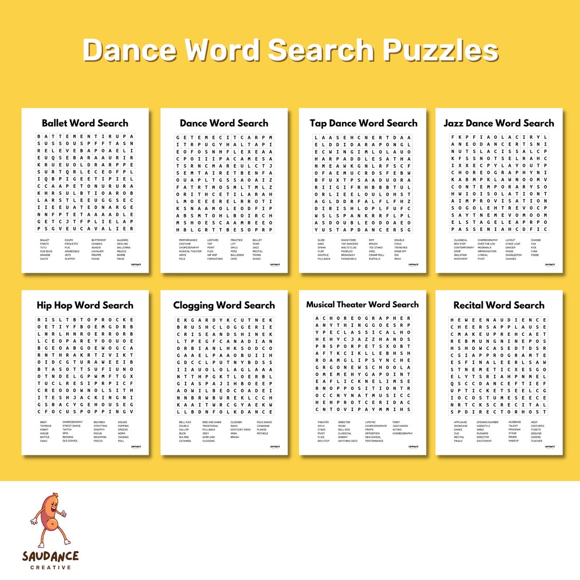 Dance Word Search Puzzle Bundle - Ballet Tap Jazz Hip Hop Clogging ...