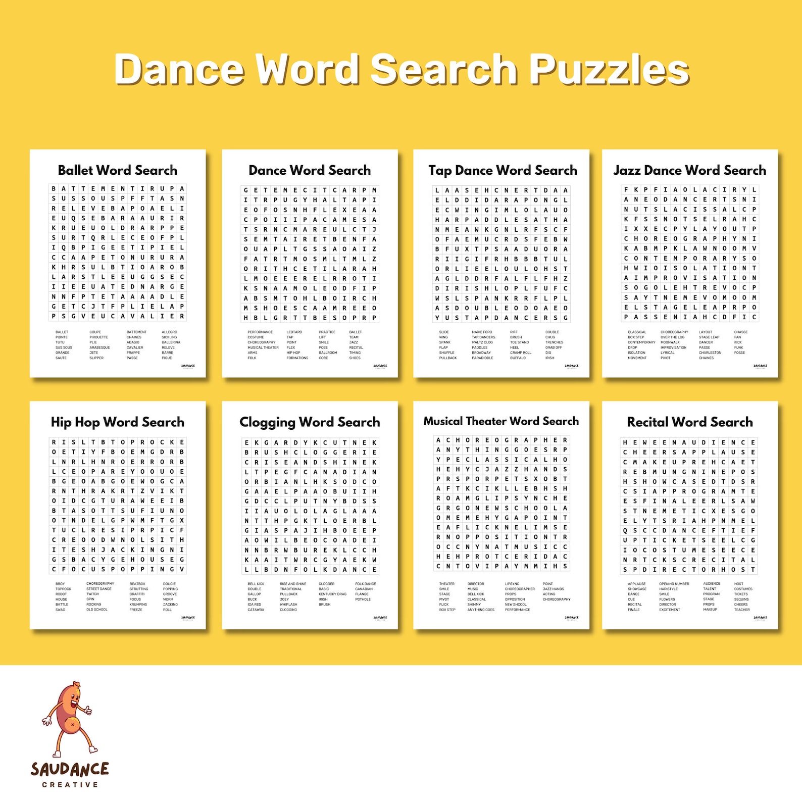 Dance Word Search Puzzle Bundle Ballet Tap Jazz Hip Hop Clogging ...
