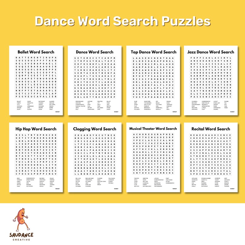 Dance Word Search Puzzle Bundle - Ballet Tap Jazz Hip Hop Clogging ...