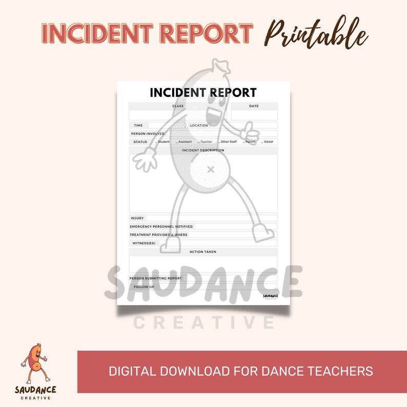 Incident Report Form Dance Studio Dance Teacher - Digital Download ...