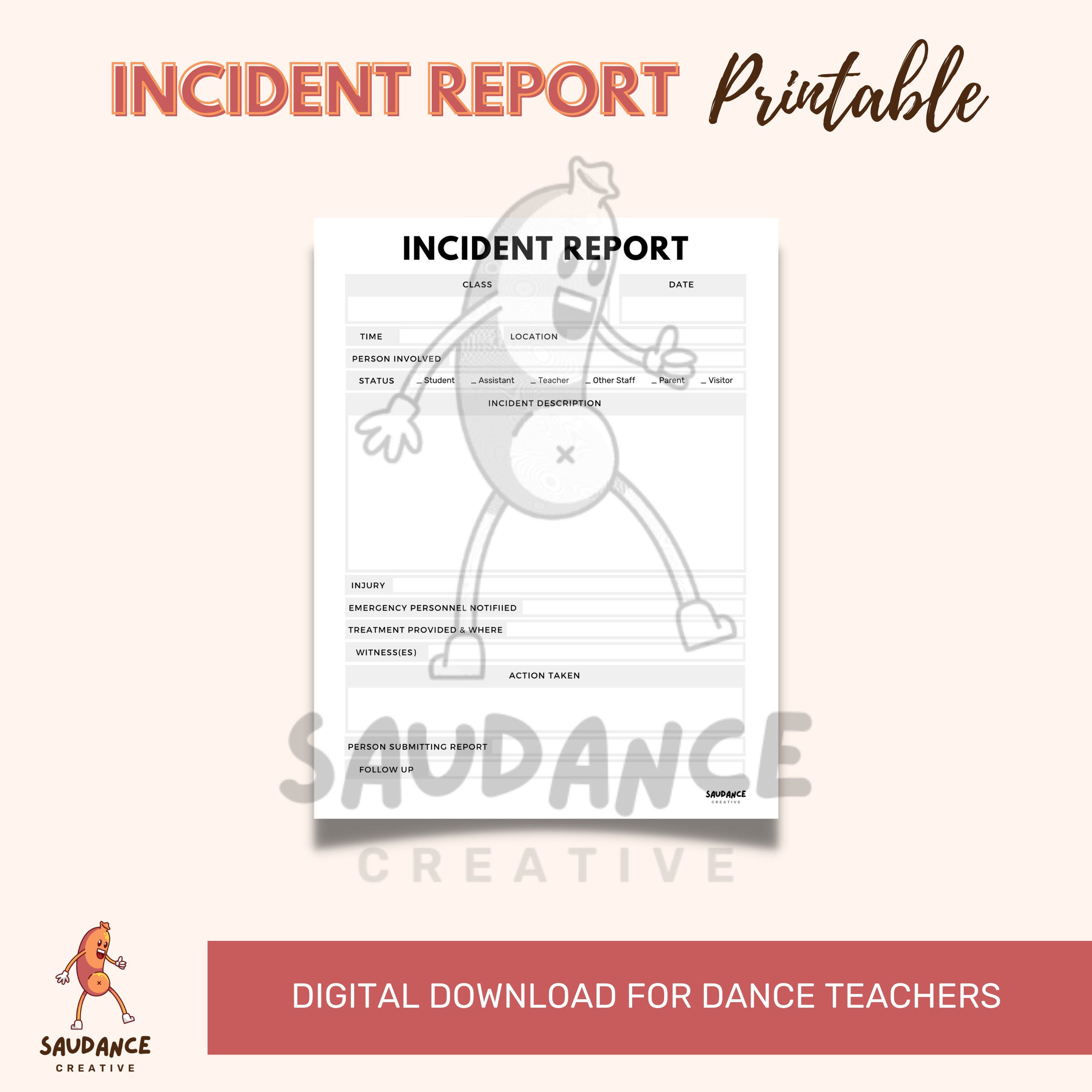 Incident Report Form Dance Studio Dance Teacher - Digital Download ...