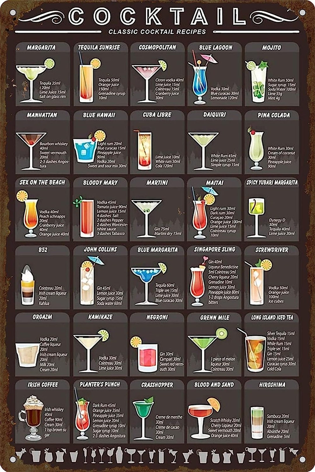 Classic Cocktail Recipes Metal Aluminum Tin Sign Vintage - Etsy