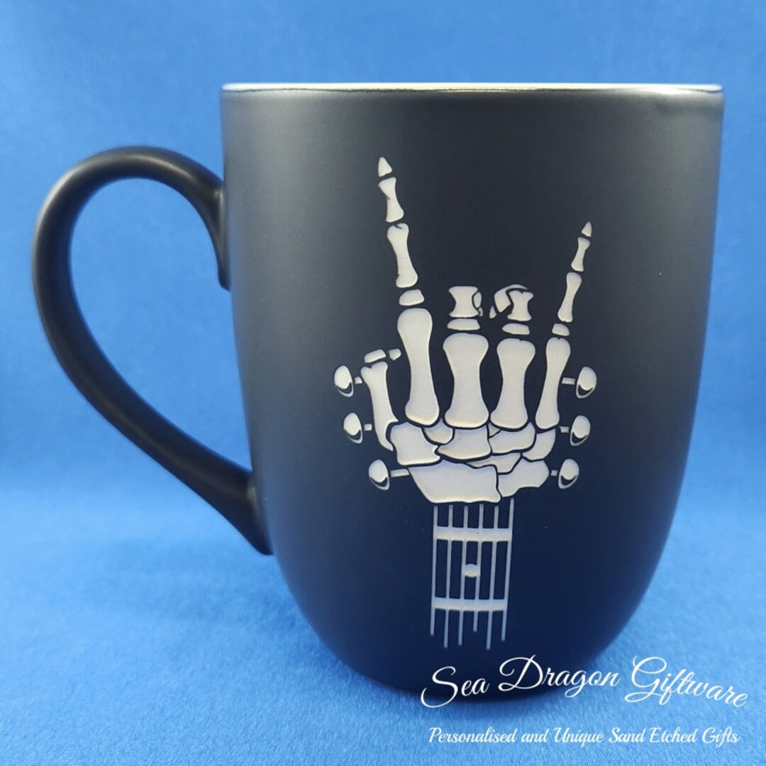 Guitar Skeleton Rock Horns - Engraved Ceramic Coffee/tea Mug - Black ...