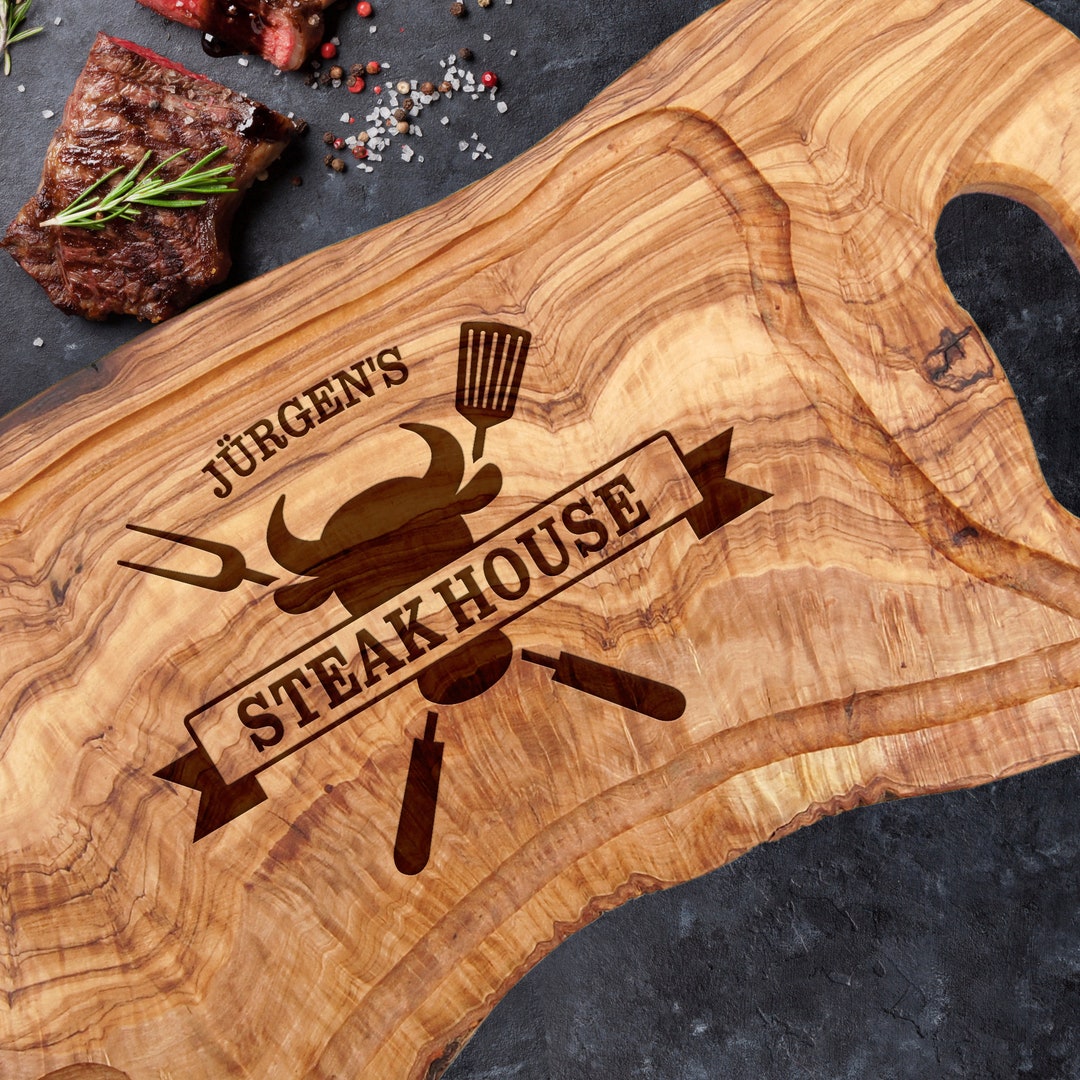 Steak Board Made of Olive Wood With Handle Tab Laser Engraving ...