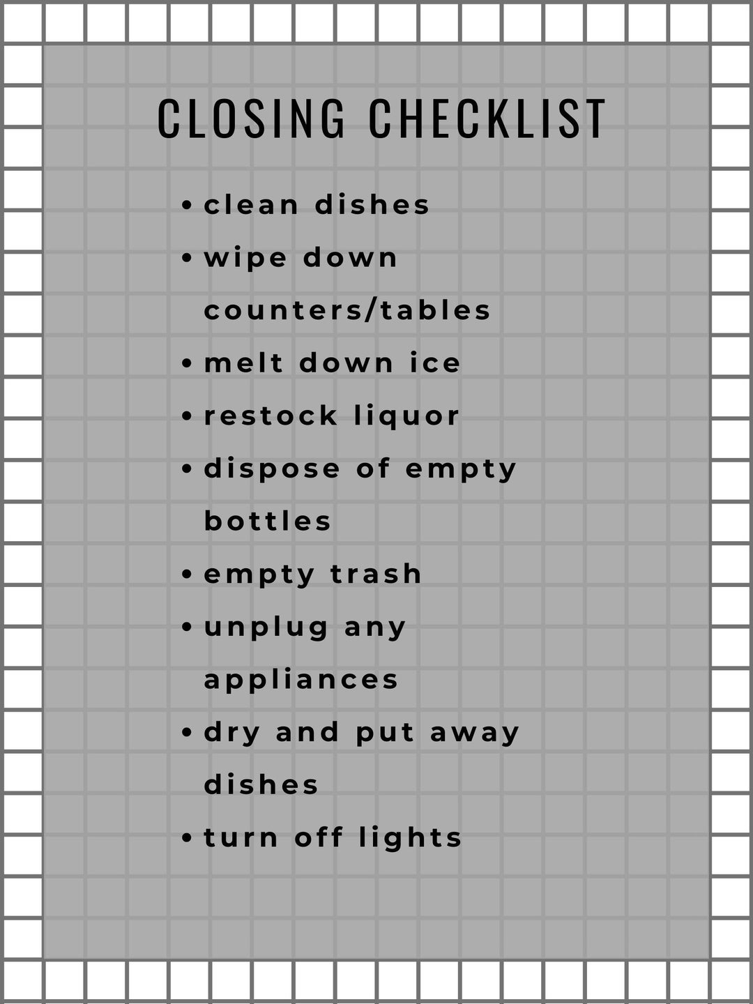 Bar Closing Checklist -digital File - Etsy