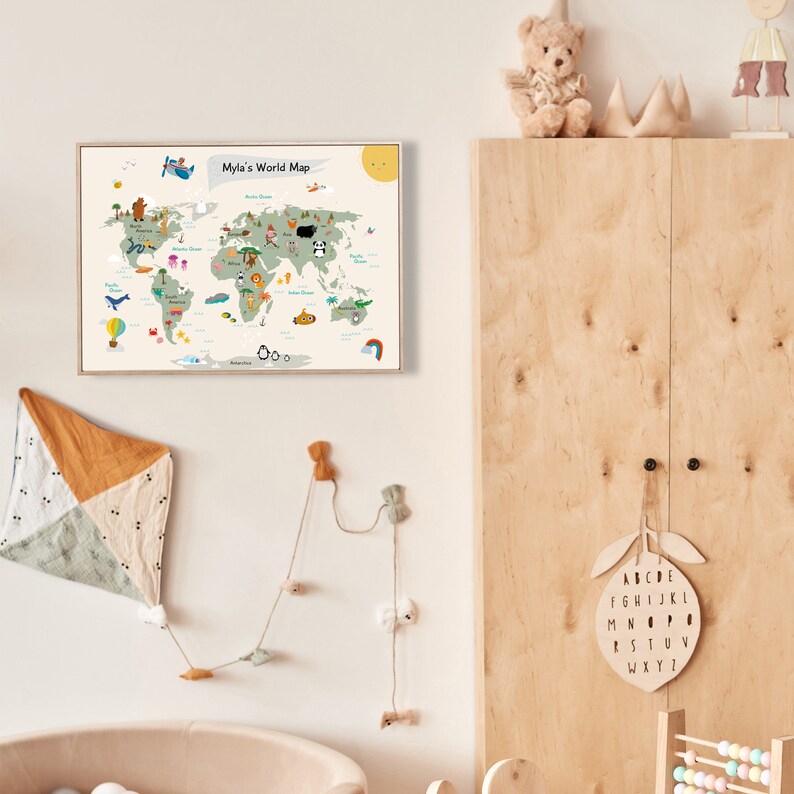 Personalised World Map Print, A4-A3, Kids Bedroom Maps, Animals of the ...