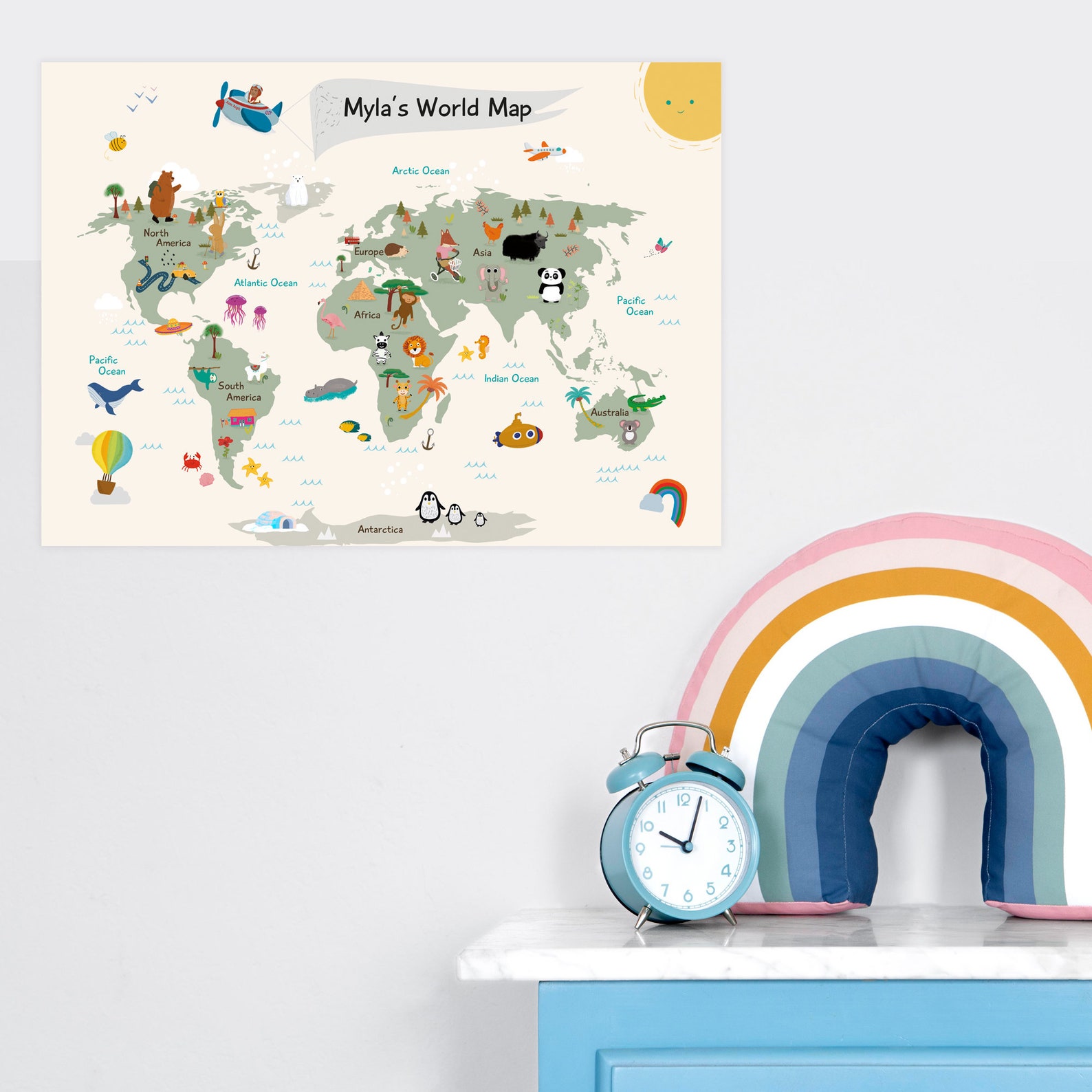 Personalised World Map Print, A4-A3, Kids Bedroom Maps, Animals of the ...