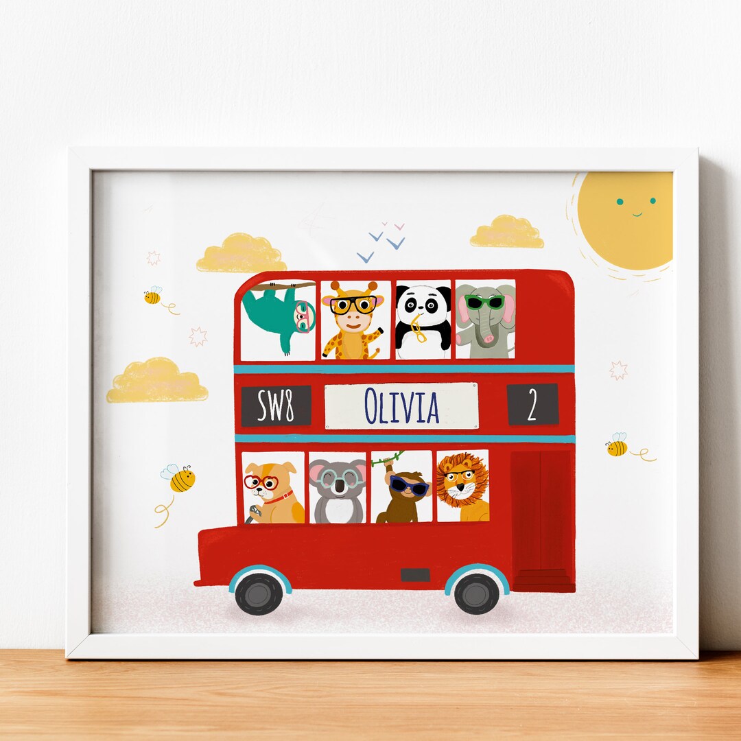 Personalised Red Bus Print, Kids Wall Art, Toddler Room Decor, Safari ...