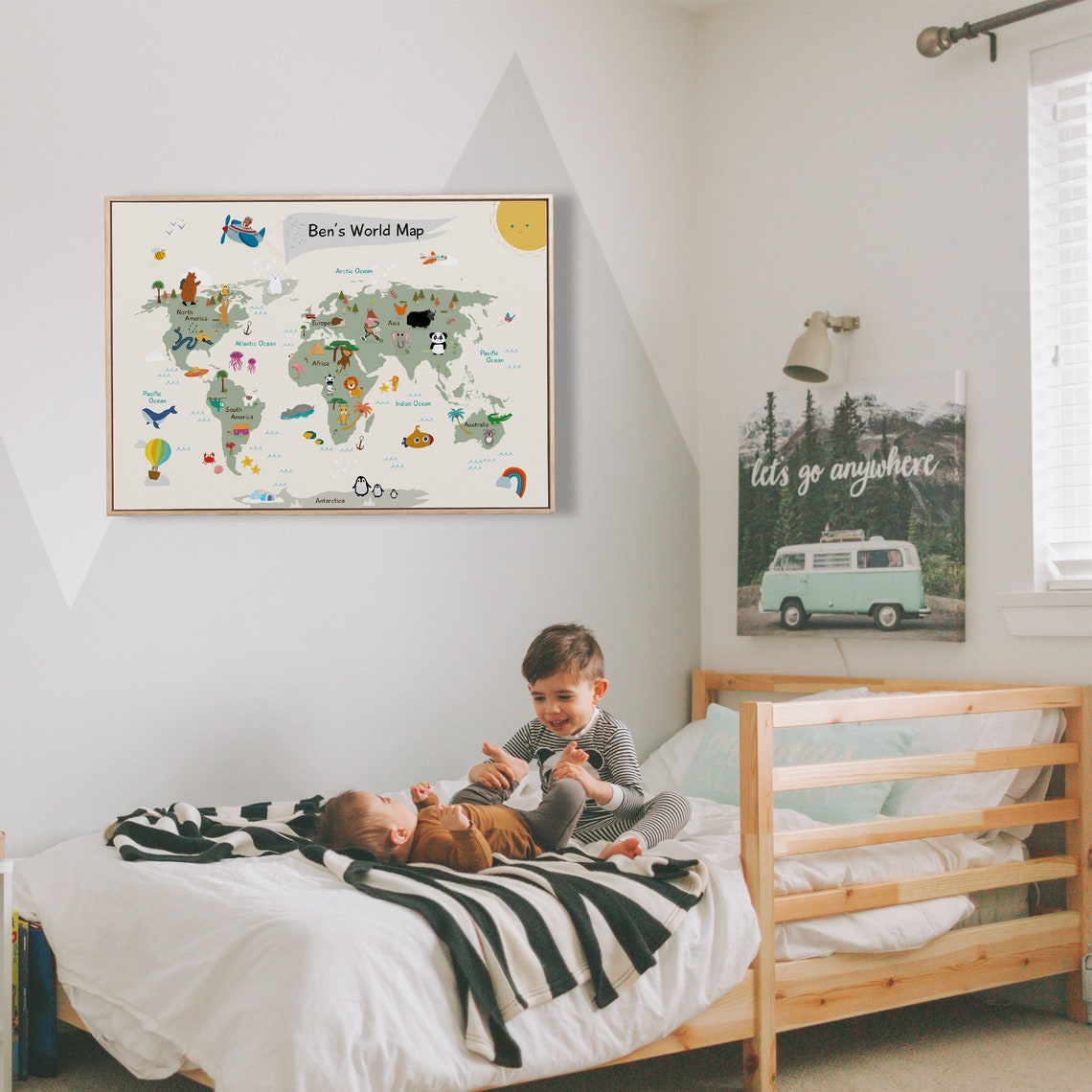 Personalised World Map Print, A4-A3, Kids Bedroom Maps, Animals of the ...