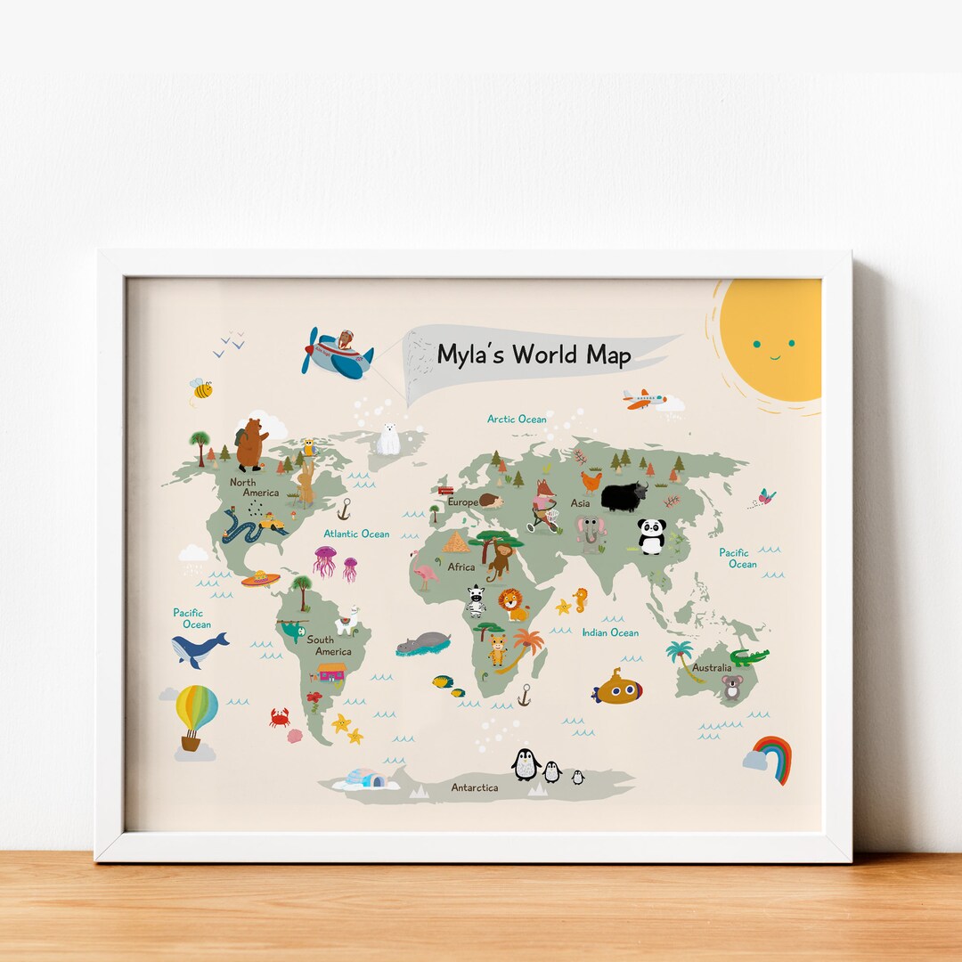 Personalised World Map Print, A4-A3, Kids Bedroom Maps, Animals of the ...