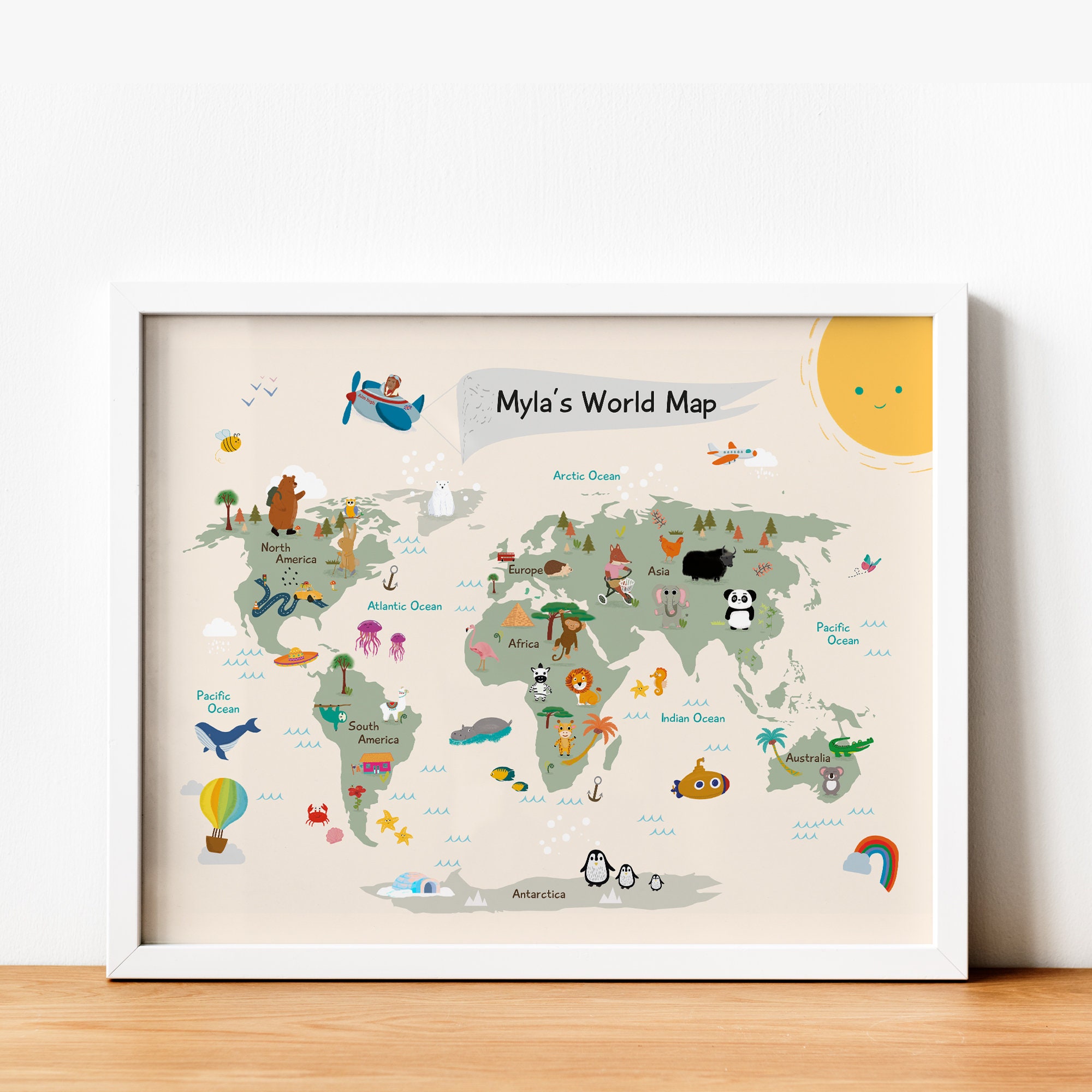 Personalised World Map Print, A4-A3, Kids Bedroom Maps, Animals of the ...